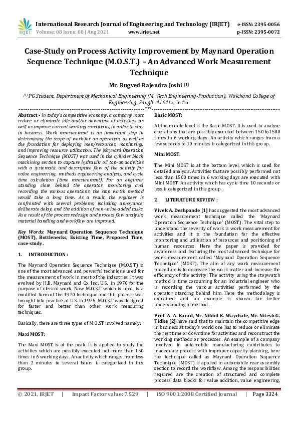 (PDF) IRJET- Case-Study on Process Activity Improvement by Maynard Operation Sequence Technique ...