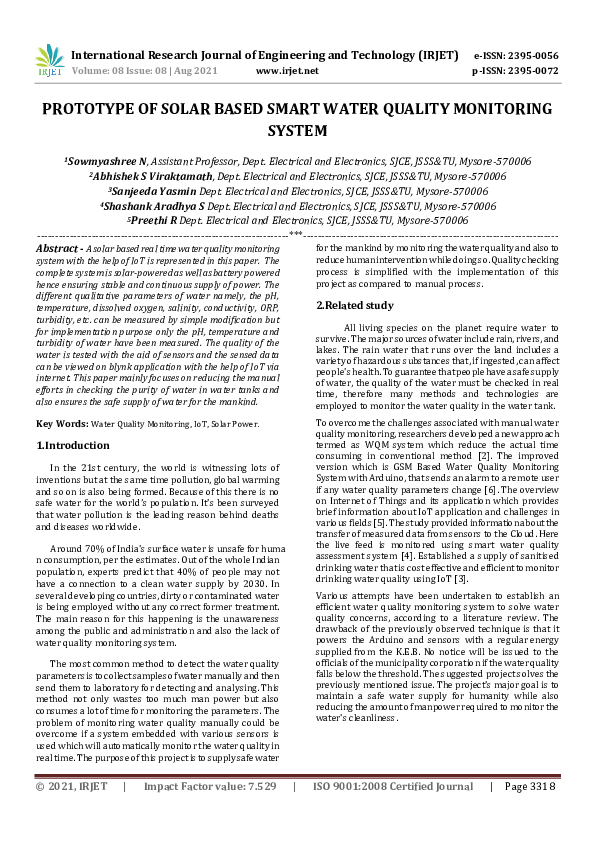 (PDF) IRJET- PROTOTYPE OF SOLAR BASED SMART WATER QUALITY MONITORING SYSTEM