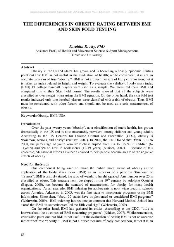 (PDF) The Differences in Obesity Rating Between Bmi and Skin Fold Testing