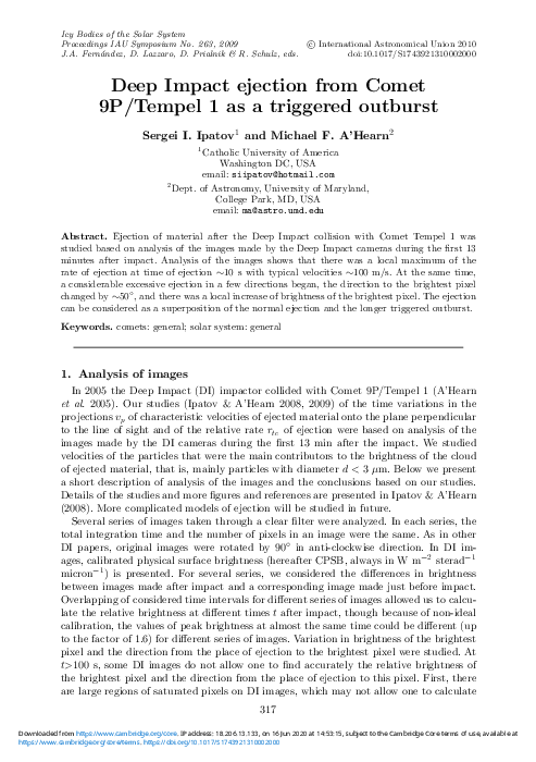 (PDF) Deep Impact ejection from Comet 9P/Tempel 1 as a triggered outburst