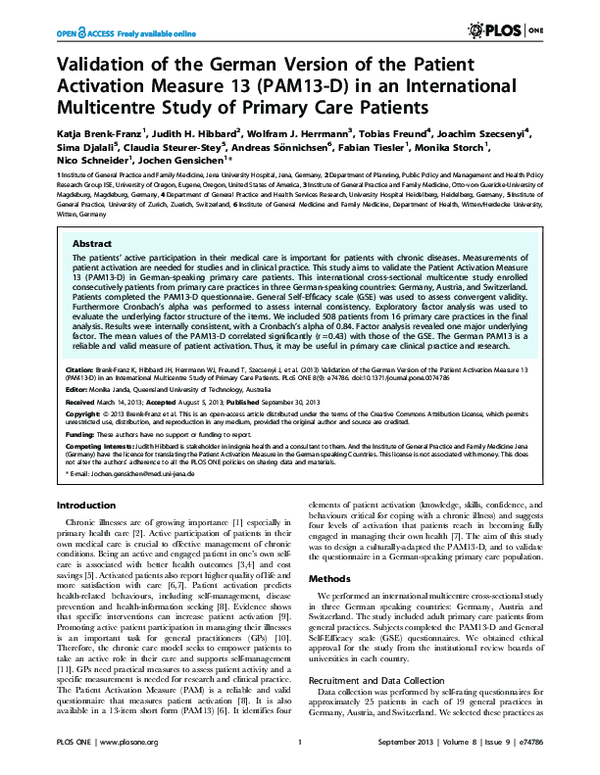 (PDF) Validation of the German Version of the Patient Activation ...