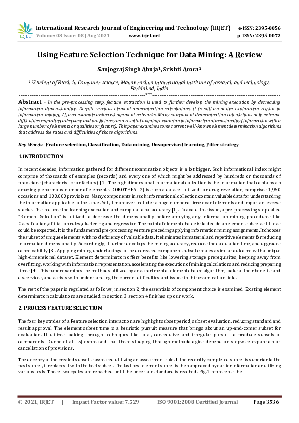(PDF) IRJET- Using Feature Selection Technique for Data Mining: A Review