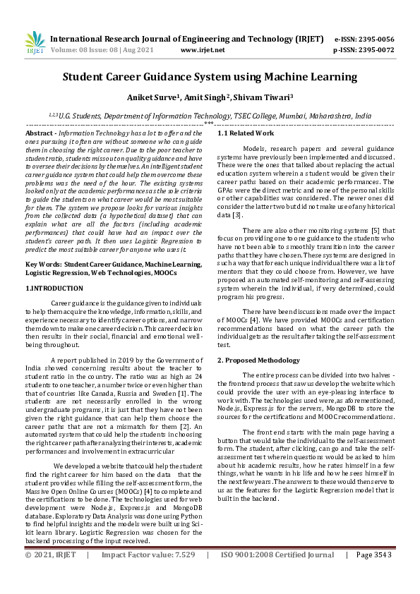 (PDF) IRJET- Student Career Guidance System using Machine Learning