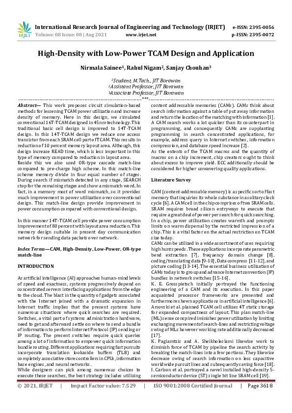 (PDF) IRJET- High-Density with Low-Power TCAM Design and Application