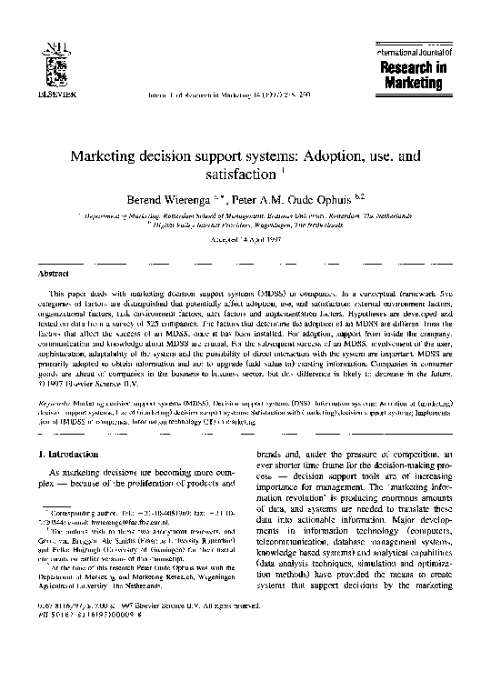 (PDF) Marketing decision support systems: Adoption, use, and satisfaction