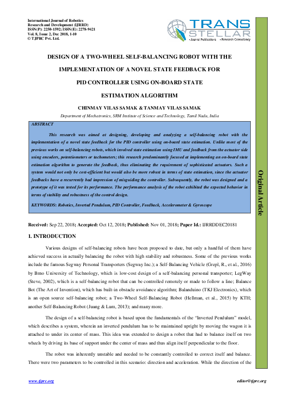 (PDF) Design of A Two-Wheel self-Balancing Robot With the Implementation of A Novel State ...