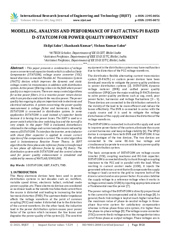 Pdf Irjet Modelling Analysis And Performance Of Fast Acting Pi Based D Statcom For Power
