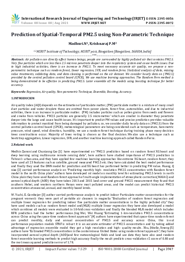(PDF) IRJET- Prediction of Spatial-Temporal PM2.5 using Non-Parametric Technique