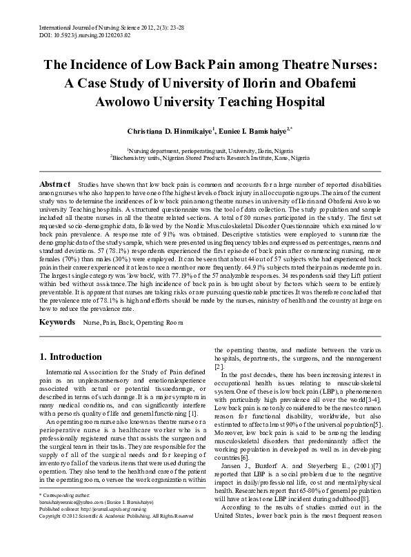 (PDF) The Incidence of Low Back Pain among Theatre Nurses: A Case Study ...