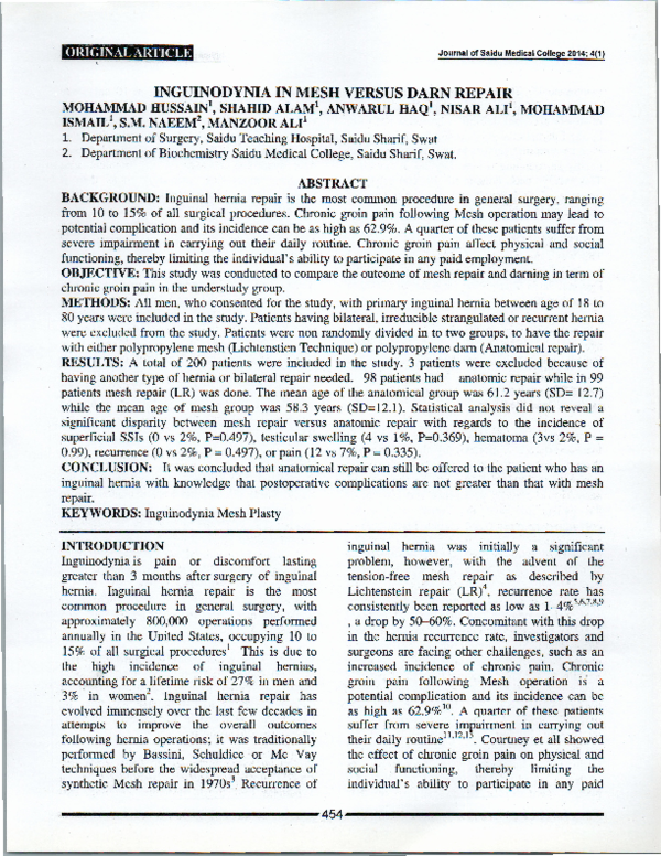 (PDF) Inguinodynia in Mesh Versus Darn Repair