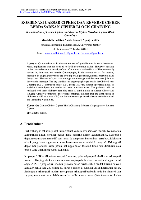 (PDF) Kombinasi Caesar Cipher Dan Reverse Cipher Berdasarkan Cipher Block Chaining
