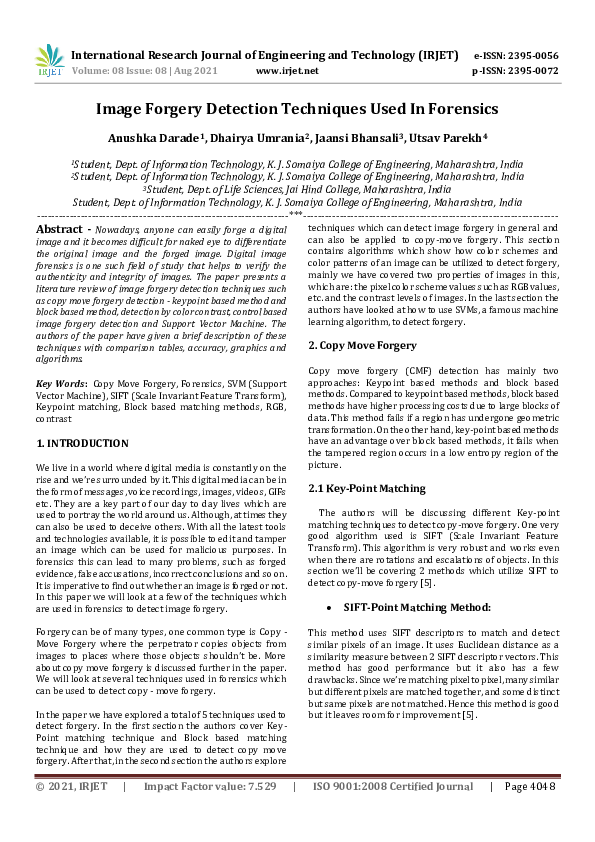 Pdf Irjet Image Forgery Detection Techniques Used In Forensics
