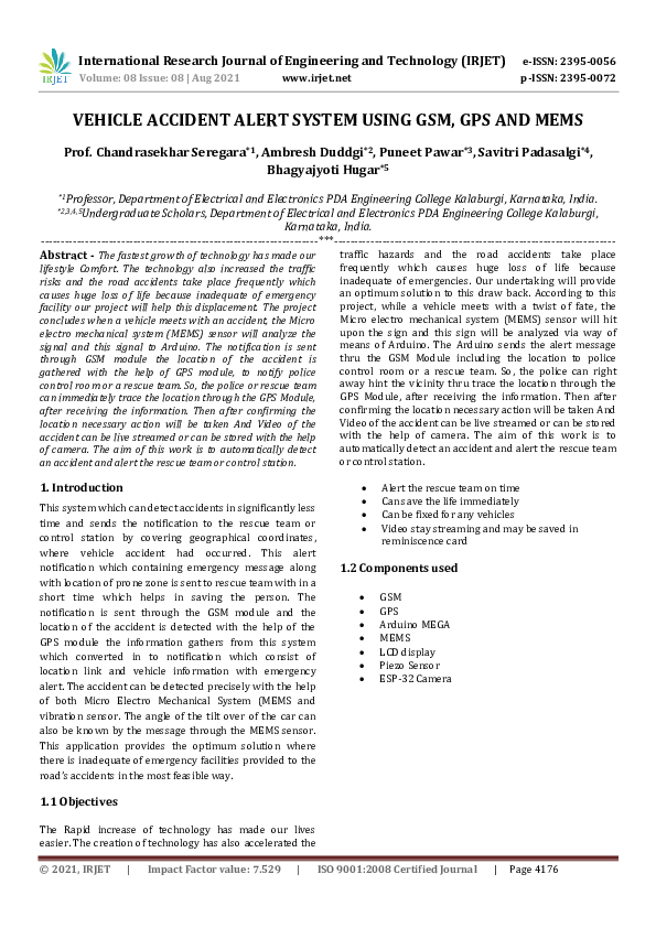 (PDF) IRJET- VEHICLE ACCIDENT ALERT SYSTEM USING GSM, GPS AND MEMS