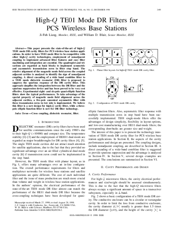 (PDF) High-Q TE01 mode DR filters for PCS wireless base stations