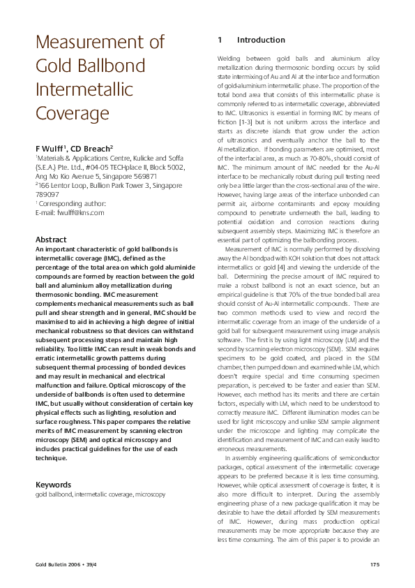 (PDF) Measurement of gold ballbond intermetallic coverage