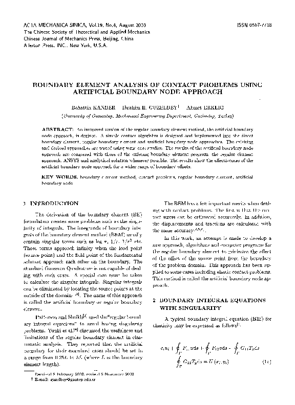 Pdf Boundary Element Analysis Of Contact Problems Using Artificial Boundary Node Approach