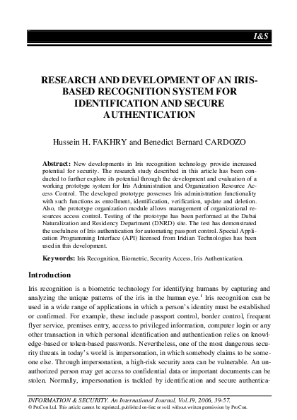 (PDF) Research and Development of an Iris-based Recognition System for Identification and Secure ...