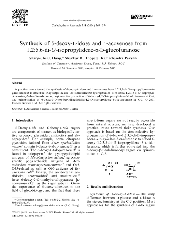 (PDF) Synthesis of 6-deoxy-l-idose and l-acovenose from 1,2:5,6-di-O ...