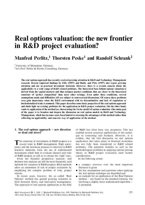 (PDF) Real options valuation: the new frontier in R&D project evaluation?