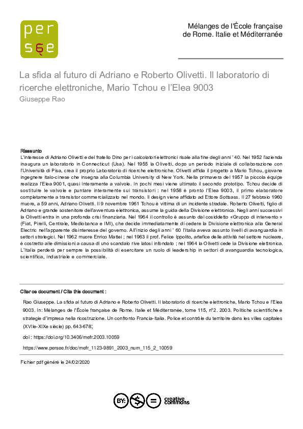(PDF) La sfida al futuro di Adriano e Roberto Olivetti. Il laboratorio ...