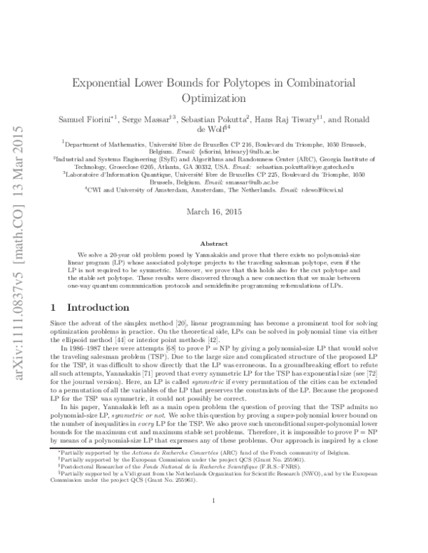 Pdf Linear Vs Semidefinite Extended Formulations Exponential Separation And Strong Lower