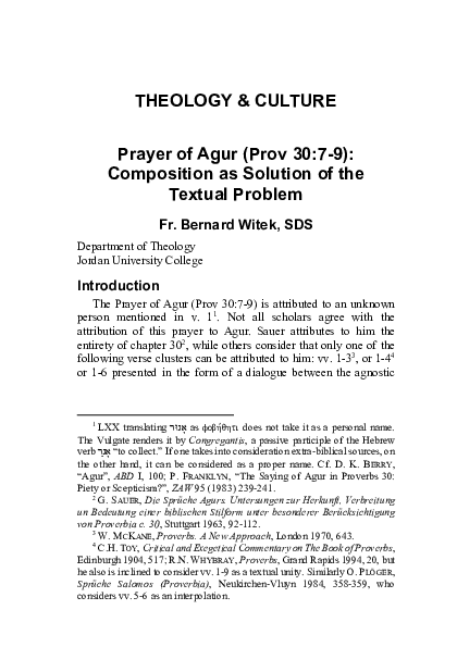 (PDF) Prayer of Agur (Prov 30:7–9): Composition as Solution of the ...