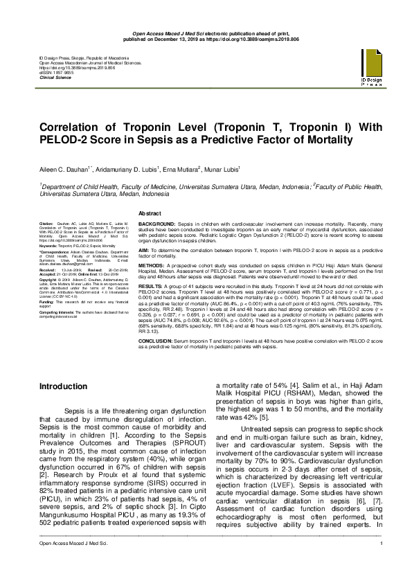 (PDF) Correlation of Troponin Level (Troponin T, Troponin I) With PELOD ...