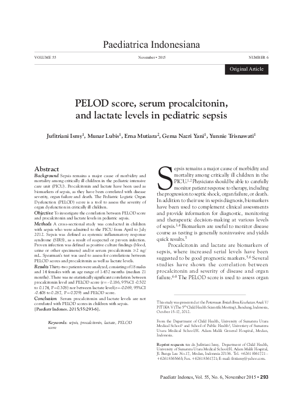 (PDF) PELOD score, serum procalcitonin, and lactate levels in pediatric ...