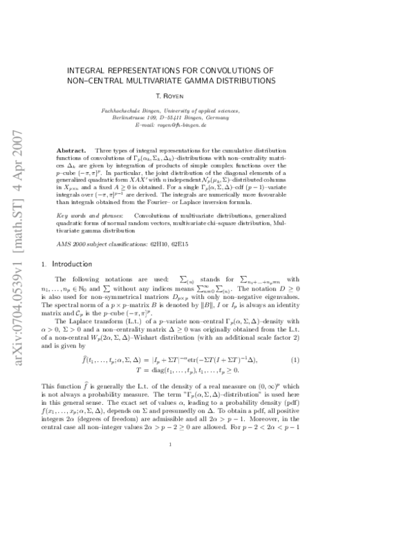 (PDF) Integral representations for convolutions of non-central multivariate gamma distributions