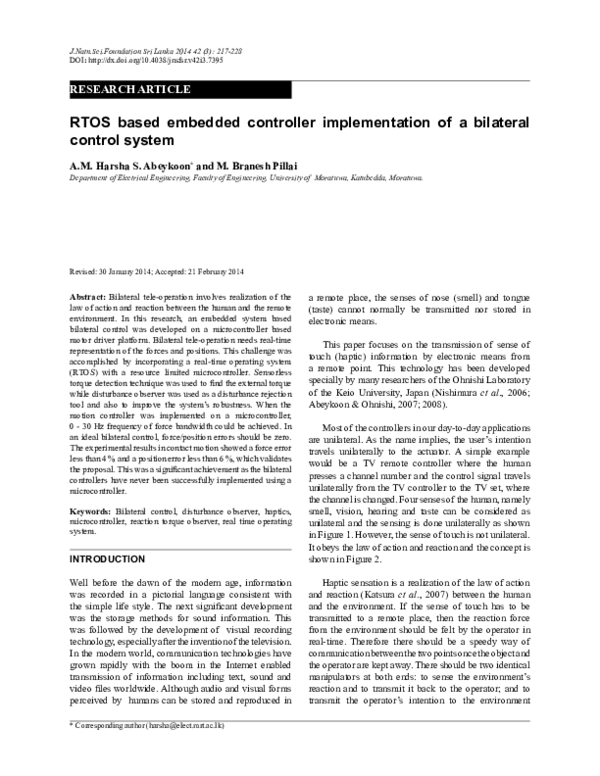 Pdf Rtos Based Embedded Controller Implementation Of A Bilateral