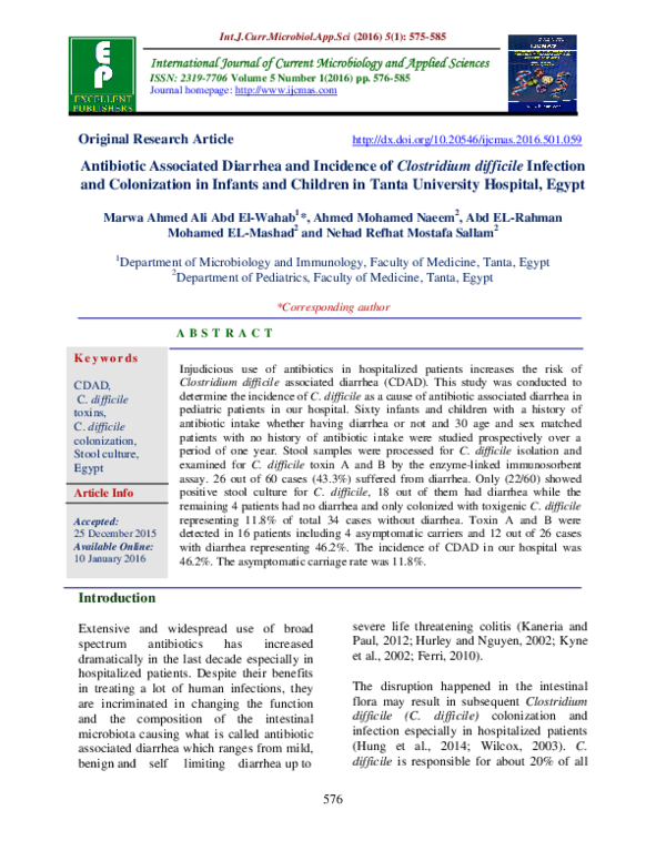 (PDF) Antibiotic Associated Diarrhea and Incidence of Clostridium ...