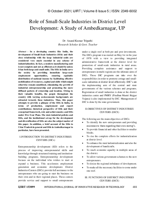 (PDF) Role of Small-Scale Industries in District Level Development: A ...