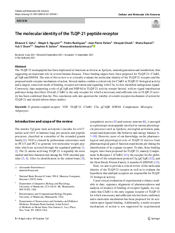 (PDF) The molecular identity of the TLQP-21 peptide receptor