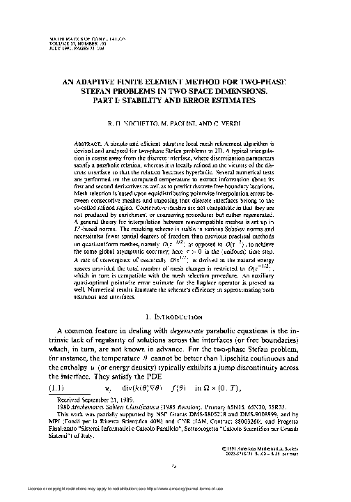 Pdf An Adaptive Finite Element Method For Two Phase Stefan Problems In Two Space Dimensions I