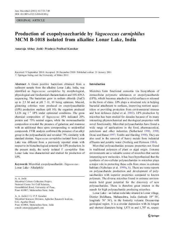 (PDF) Production of exopolysaccharide by Vagococcus carniphilus MCM B ...