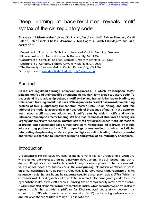 (PDF) Deep learning at base-resolution reveals motif syntax of the cis-regulatory code