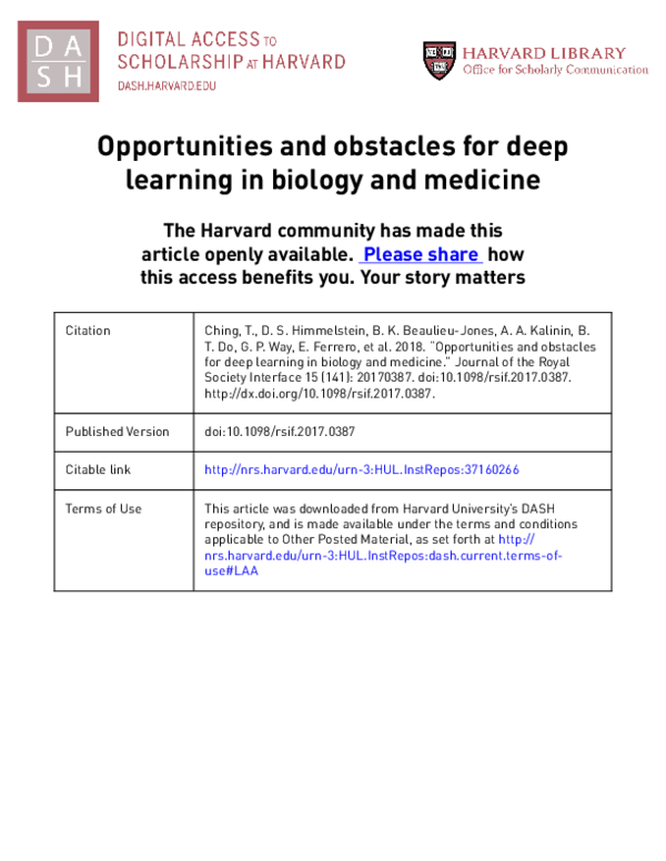 (PDF) Opportunities And Obstacles For Deep Learning In Biology And Medicine