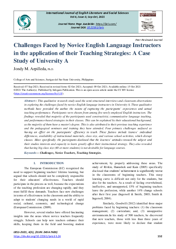 (PDF) Challenges Faced by Novice English Language Instructors in the application of their ...