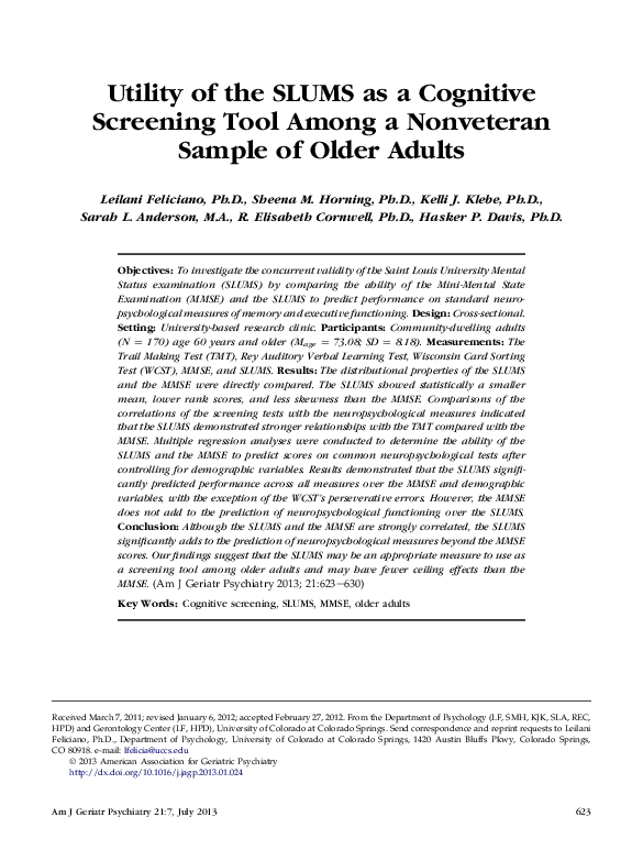 (PDF) Utility of the SLUMS as a cognitive screening tool among a ...