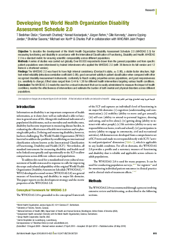 (PDF) Developing the World Health Organization Disability Assessment ...