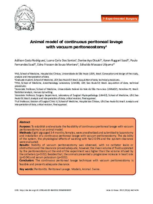 (PDF) Animal model of continuous peritoneal lavage with vacuum ...