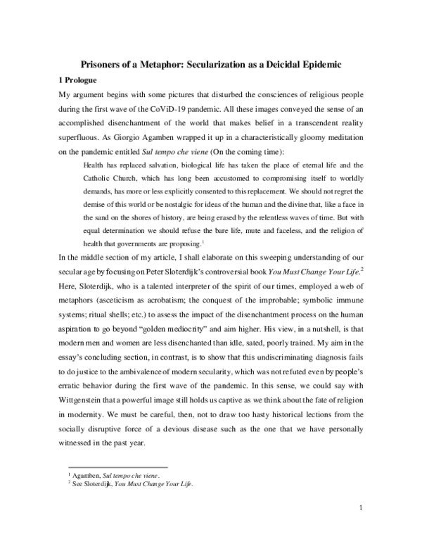 (PDF) Prisoners of a Metaphor: Secularization as a Deicidal Epidemic