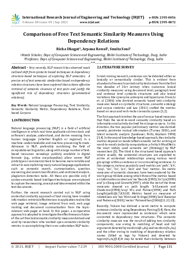 (PDF) IRJET- Comparison of Free Text Semantic Similarity Measures Using Dependency Relations