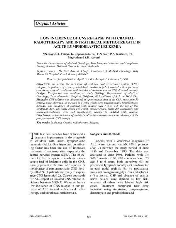(PDF) Low incidence of CNS relapse with cranial radiotherapy and intrathecal methotrexate in ...