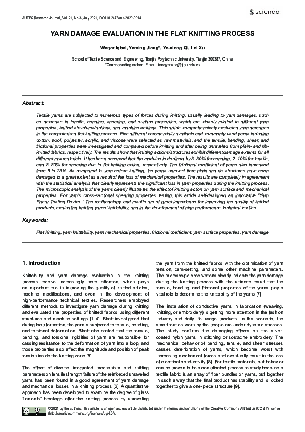 (PDF) Yarn Damage Evaluation in the Flat Knitting Process