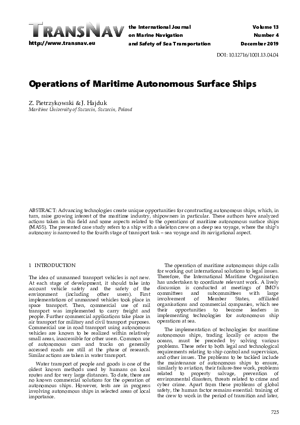 Pdf Operations Of Maritime Autonomous Surface Ships