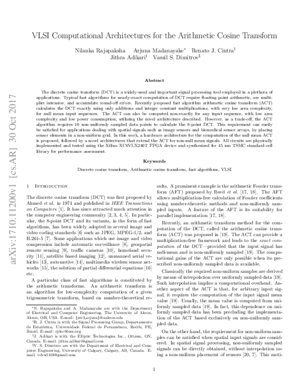 (PDF) VLSI Computational Architectures for the Arithmetic Cosine Transform | Arjuna Madanayake ...