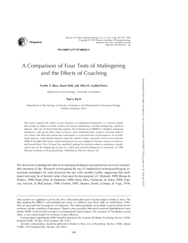 (PDF) A comparison of four tests of malingering and the effects of coaching