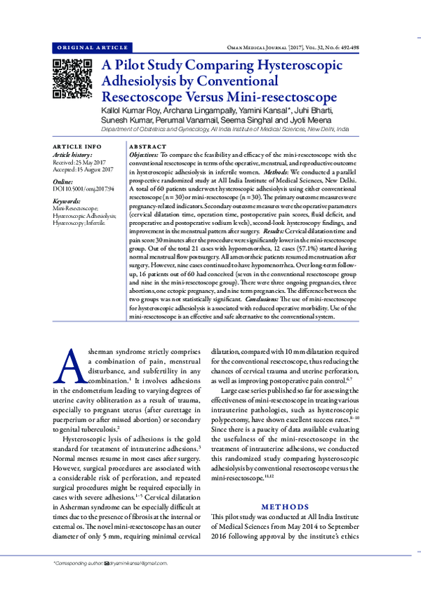 (PDF) A Pilot Study Comparing Hysteroscopic Adhesiolysis by ...
