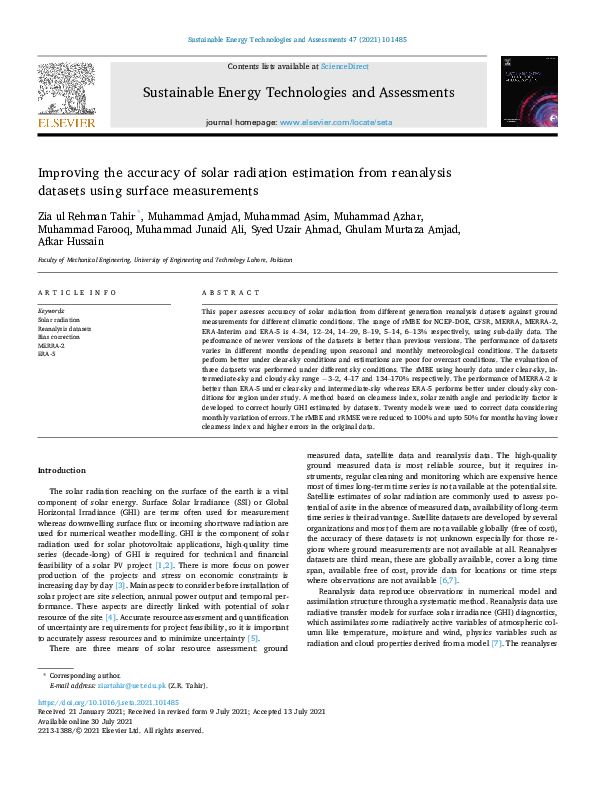 Pdf Improving The Accuracy Of Solar Radiation Estimation From Reanalysis Datasets Using